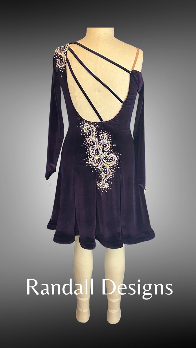 Purple Velvet with Off the Shoulder Sleeve, Flared Skirt and Front Sli ...